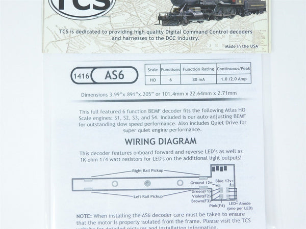 TCS 1416 AS6 6-Function HO Scale DCC Drop-in Decoder: Atlas S1, S2, S3 - Model Train Market