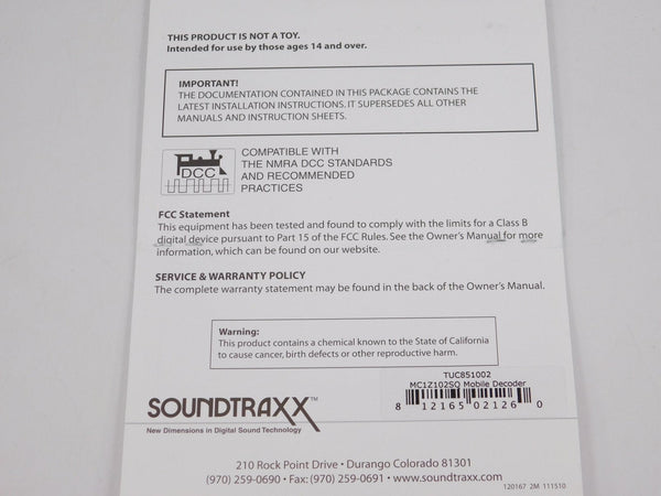 Soundtraxx MC1Z102SQ #851002 2-Function DCC Mobile Decoder Only - Model ...